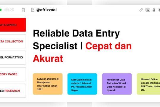 Reliable Data Entry Specialist | Cepat dan Akurat | Excel, Google Sheets, dll.